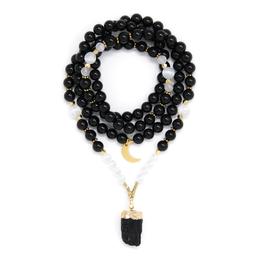 Moon Goddess Necklace: I Am Light. Selenite & Black Tourmaline Mala Ne ...